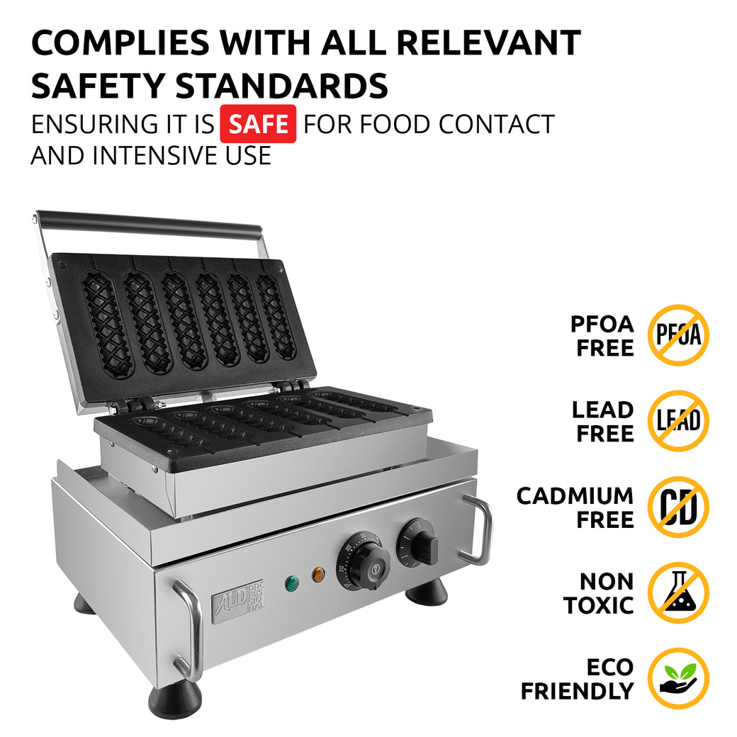 ALDKitchen Commercial CornDog Waffle Iron | 6 Waffle Hotdogs on Sticks