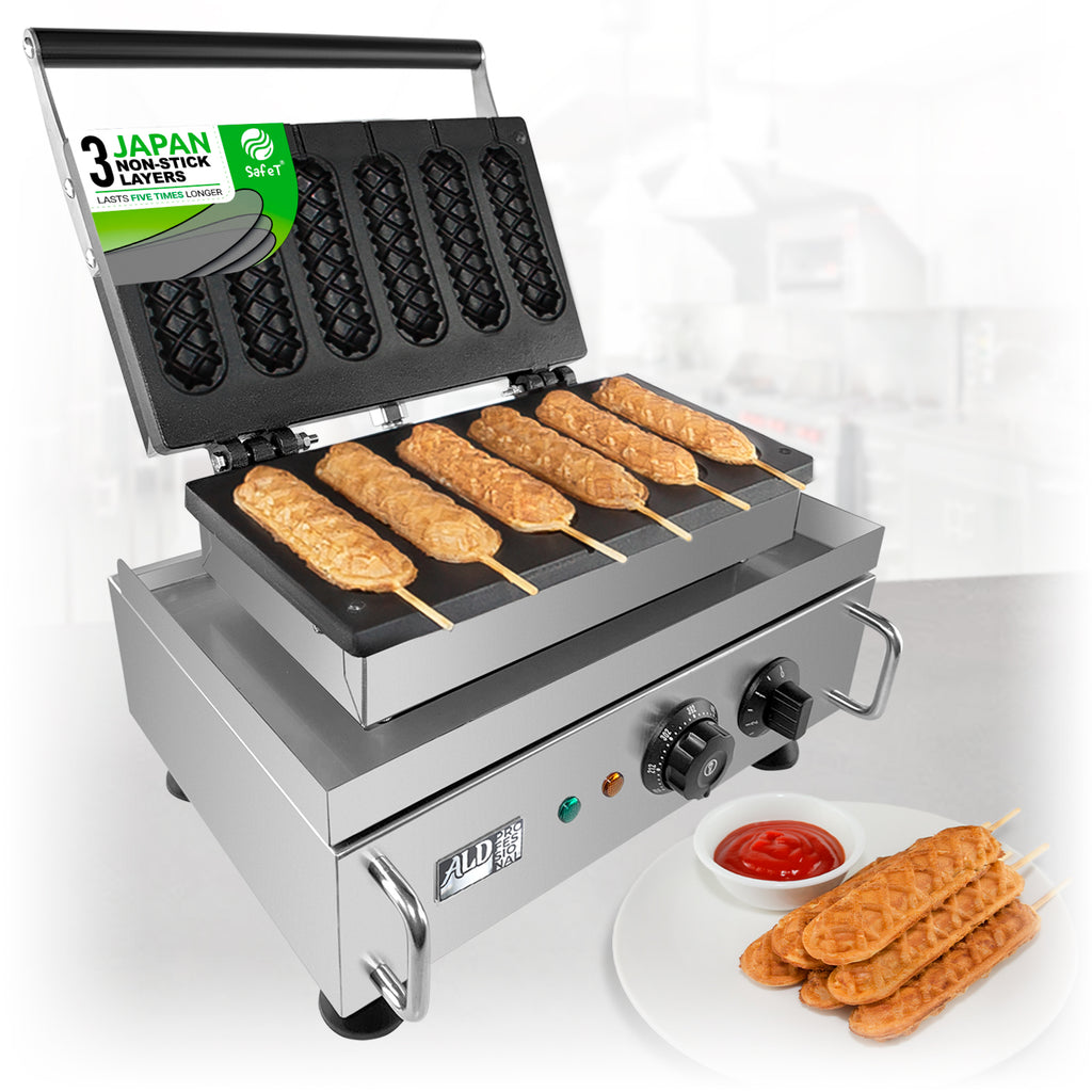 ALDKitchen Commercial CornDog Waffle Iron | 6 Waffle Hotdogs on Sticks