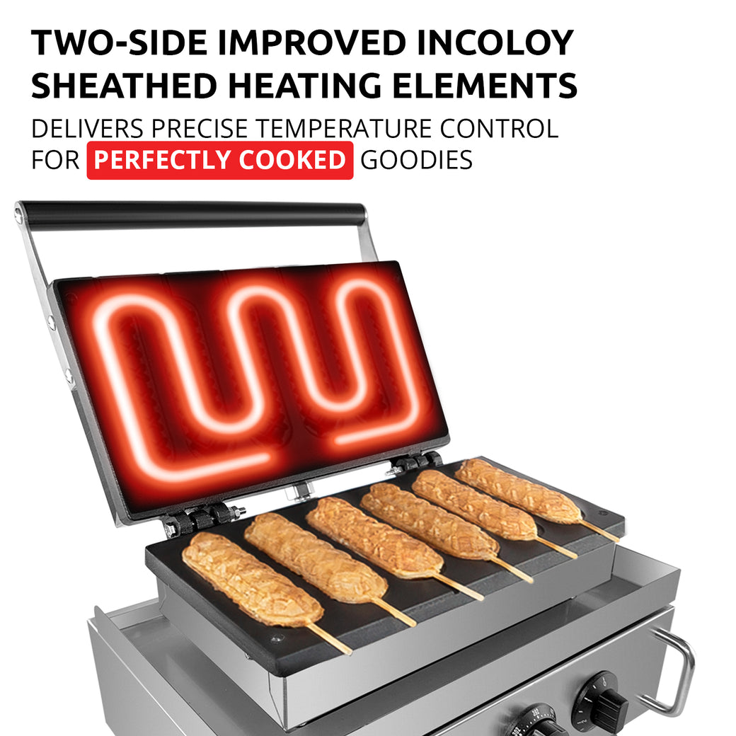 ALDKitchen Commercial CornDog Waffle Iron | 6 Waffle Hotdogs on Sticks