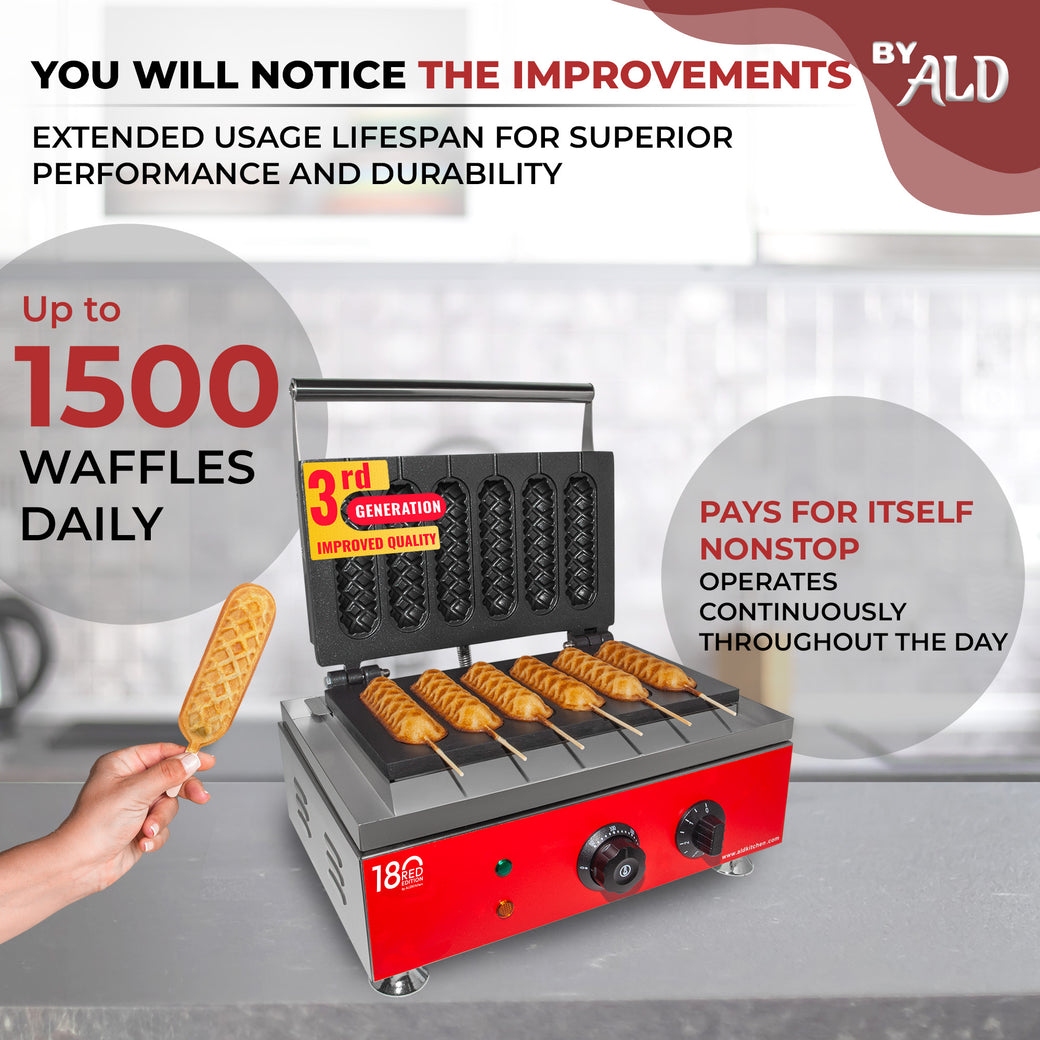 ALDKitchen Red Hot Dog Waffle Maker | 6 Corn Dogs | Commercial Waffle Iron